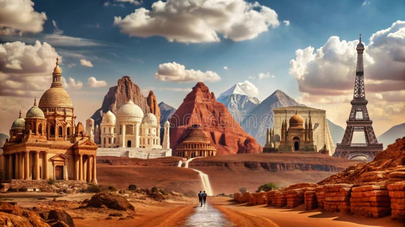 A Couple Walks Along a Desert Path Towards Iconic Landmarks of the ...