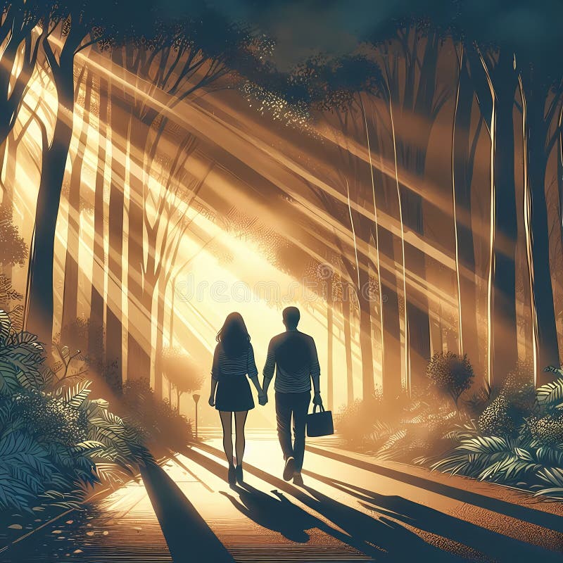 A Couple Walks Down a Forest Path, Holding Hands, Sunlight Filtering ...