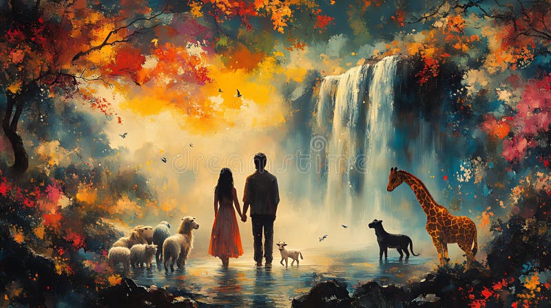 Couple Walks by Waterfall, Autumn Forest, Animals, Peace Stock ...