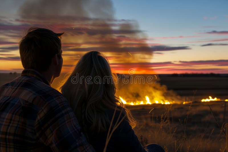 Couple Watching Distant Field Fire from Safe Ground Stock Image - Image ...
