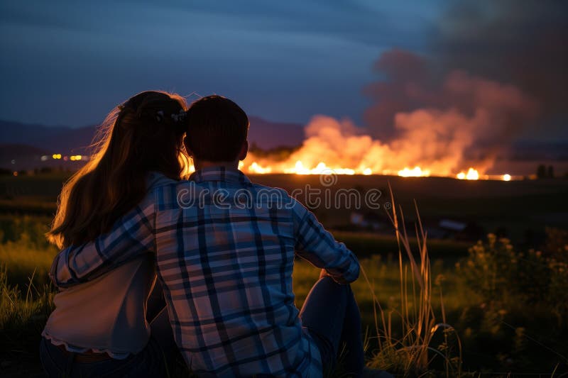 Couple Watching Distant Field Fire from Safe Ground Stock Photo - Image ...