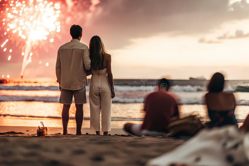 Couple Watching Fireworks Exploding Over Ocean at Sunset on Beach Stock ...