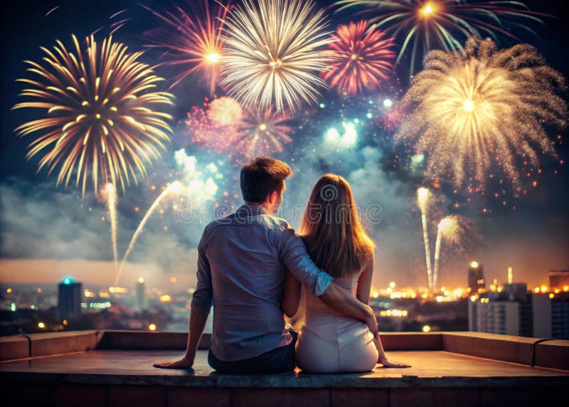 A Couple Watching Fireworks on Rooftop Celebration Stock Illustration ...