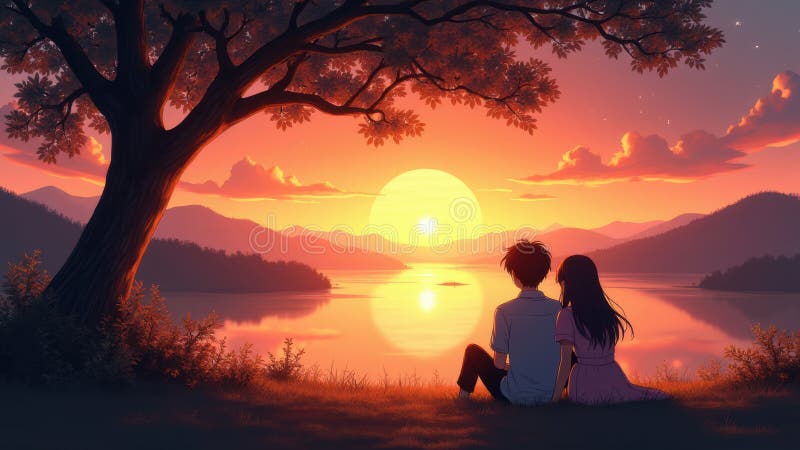 Couple Watching Sunset by the Lake Stock Illustration - Illustration of ...