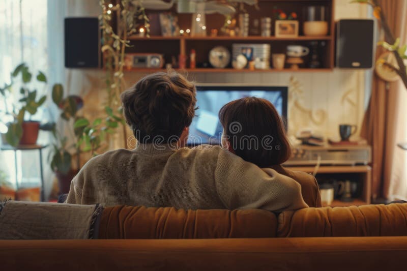 Couple Watching TV in a Cozy Room Stock Photo - Image of plants ...