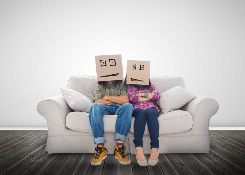 Couple Wearing Humorous Boxes on Their Head Stock Illustration ...