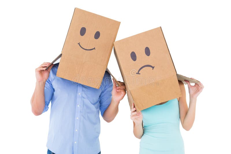 Couple Wearing Sad Face Boxes on Their Heads Stock Image - Image of ...