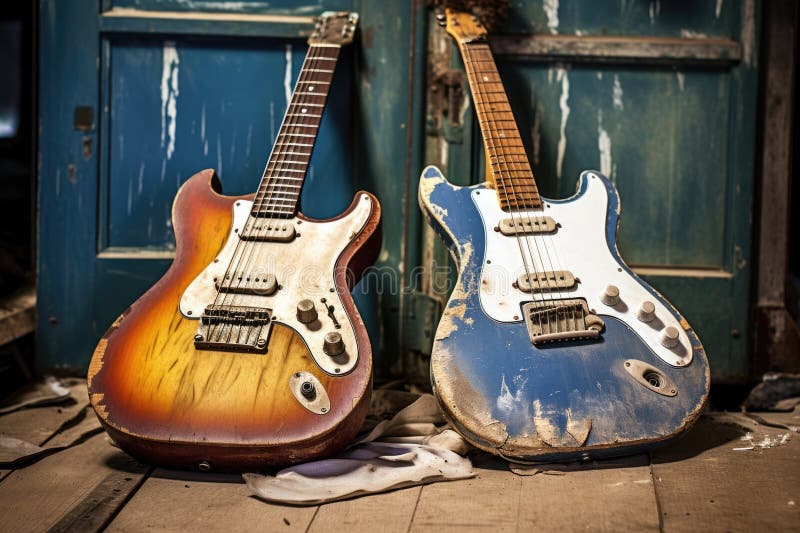 Couple of Well-aged Guitars Leaning Together Stock Illustration ...