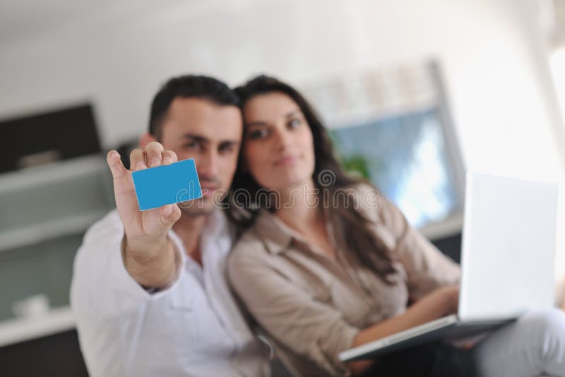 Couple Work on Laptop Computer at Modern Home Stock Image - Image of ...