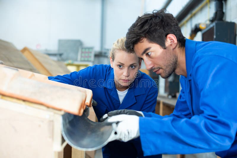 Couple Workers and Model Roof Gutter Stock Image - Image of working ...