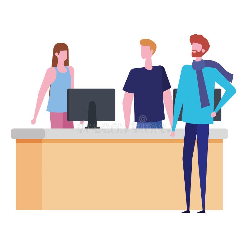Couple Working in Desk with Computers and Man Customer Stock ...