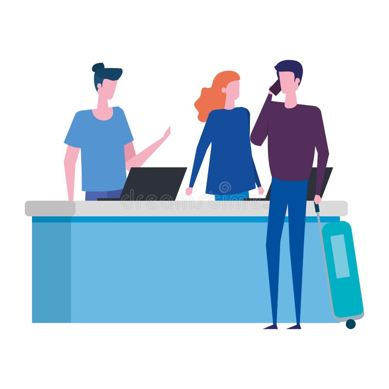 Couple Working in Desk with Computers and Man Customer Stock ...