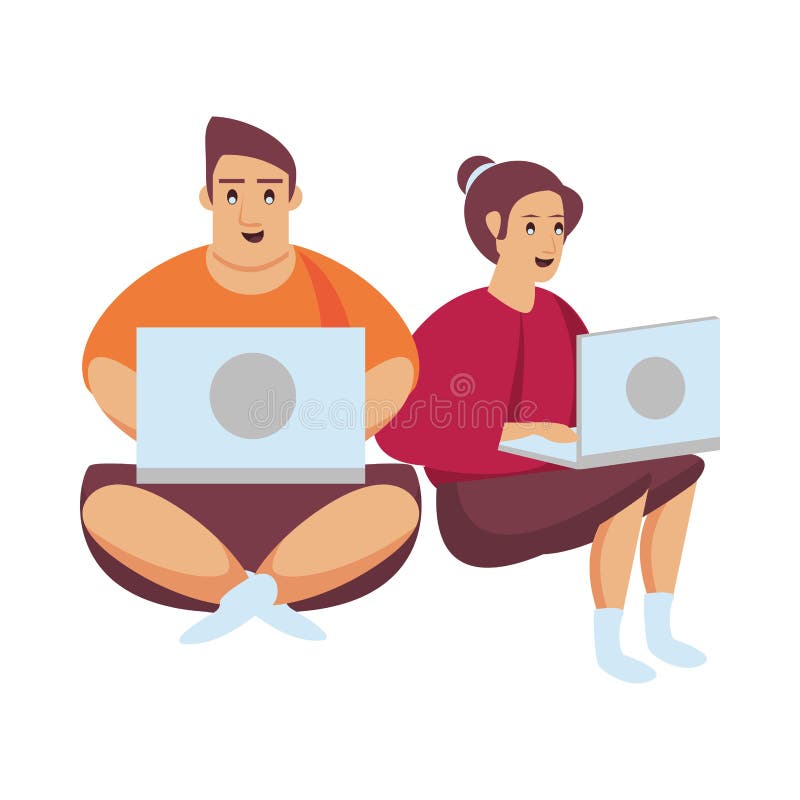 Couple Working with Laptops Characters Stock Vector - Illustration of ...
