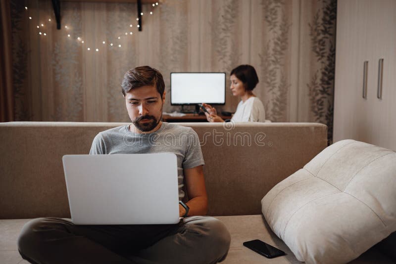 Couple Working and Playing with Laptop Computer at Home Stock Image ...