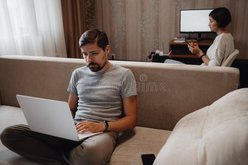 Couple Working and Playing with Laptop Computer at Home Stock Image ...