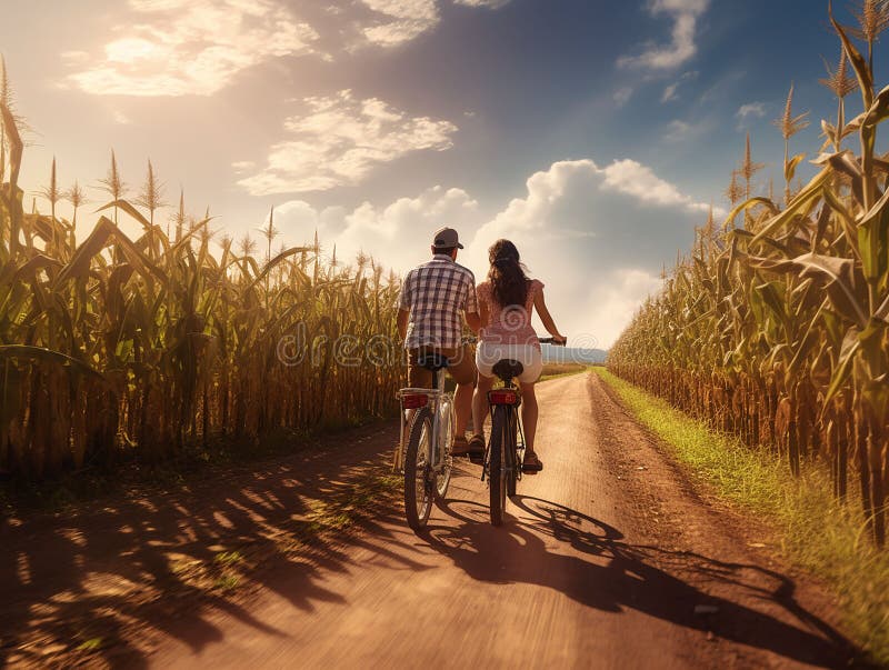 Couple of Young People in the Cornfield Goes by with Bicycle Stock ...