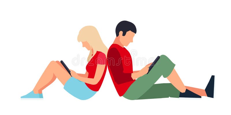 Couple Young People Sit Back To Back and Read Using a Tablet Pc. Stock ...