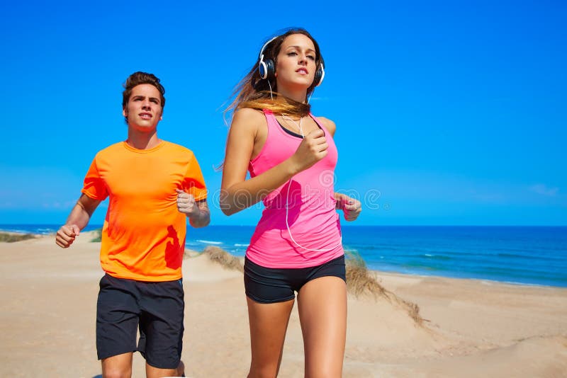 Couple Young Running in the Beach in Summer Stock Image - Image of girl ...