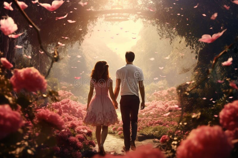 Couples Enjoying Romantic Strolls through Flower Stock Illustration - Illustration of flower ...