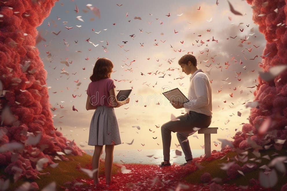 Couples Exchanging Heartfelt Letters and Stock Illustration ...