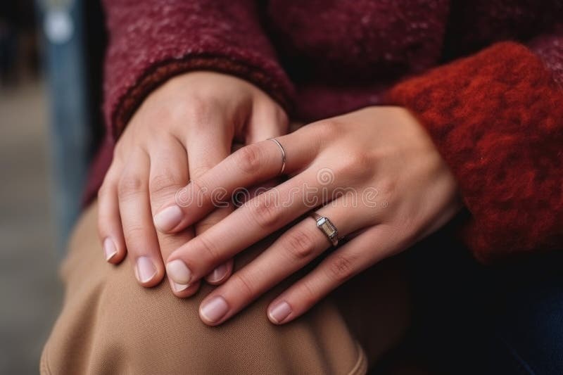 Couples Hands Locked with an Anniversary Ring Visible Stock Photo ...