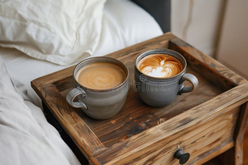 Couples Two Cups of Coffee on Shared Bedside Table Stock Photo - Image ...