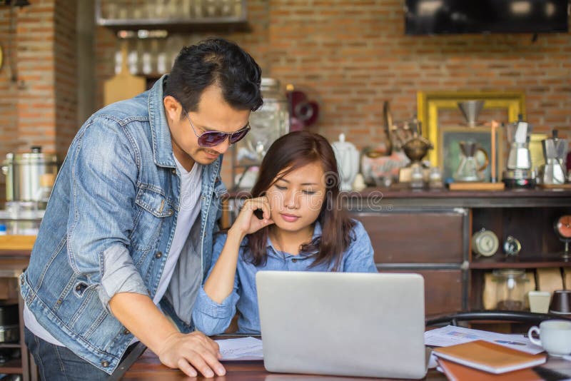 Couples Using Laptops To Work Together Stock Image - Image of happiness ...