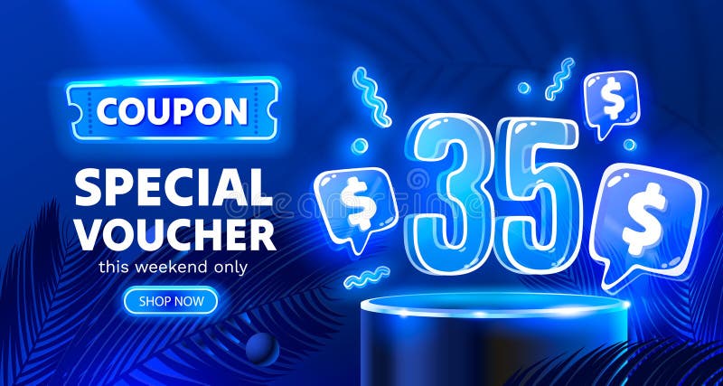 Coupon Special Voucher 35 Dollar, Neon Banner Special Offer. Vector ...