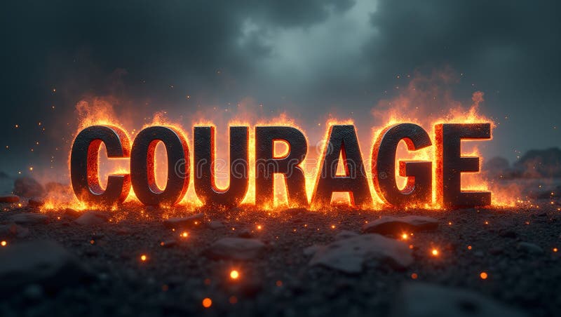COURAGE in Metallic 3D Letters Amidst Digital Fire in Stormy Setting ...