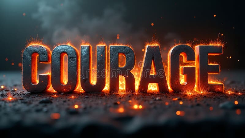 COURAGE in Metallic 3D Letters Amidst Digital Fire in Stormy Setting ...