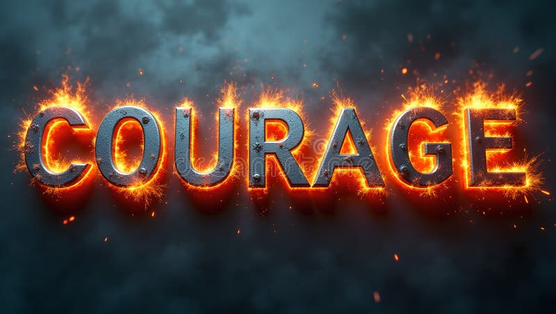 COURAGE in Metallic 3D Letters Amidst Digital Fire in Stormy Setting ...