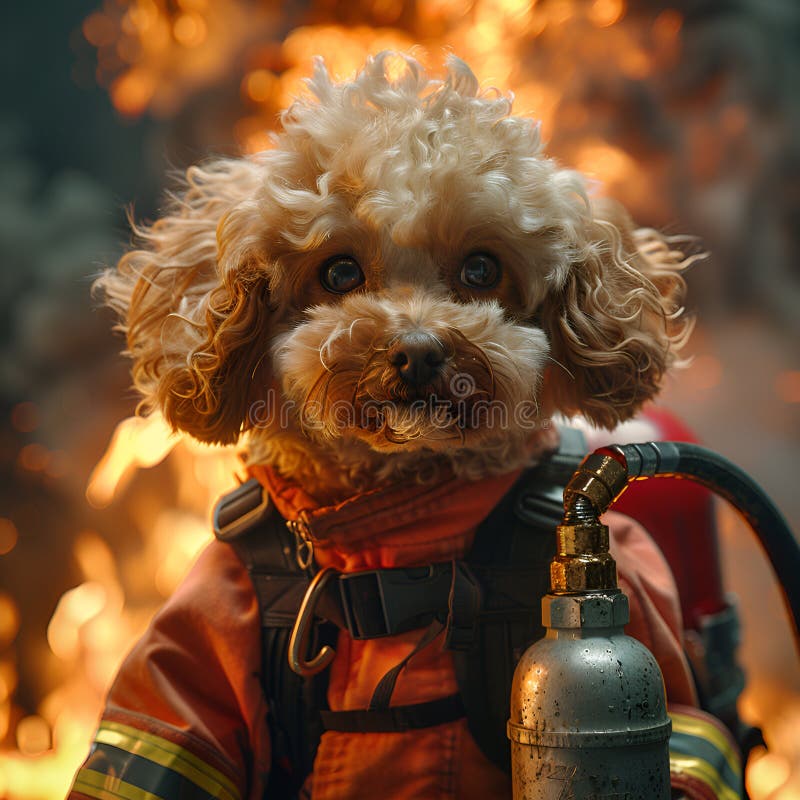 Brave Dog in Firefighter Uniform Stands Confidently Amidst a Blazing ...