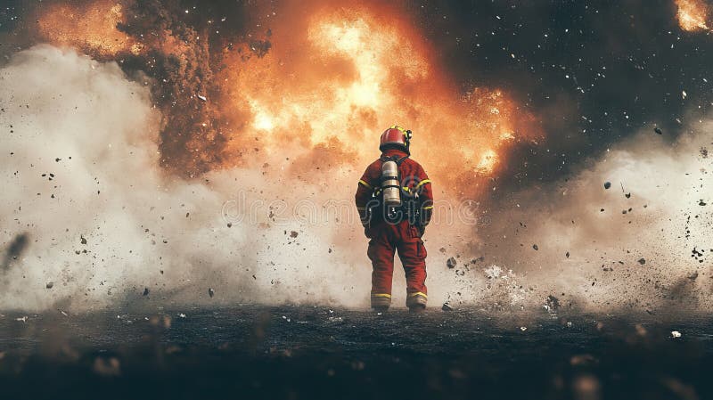 A Courageous Firefighter with an Axe Stands before a Terrifying ...