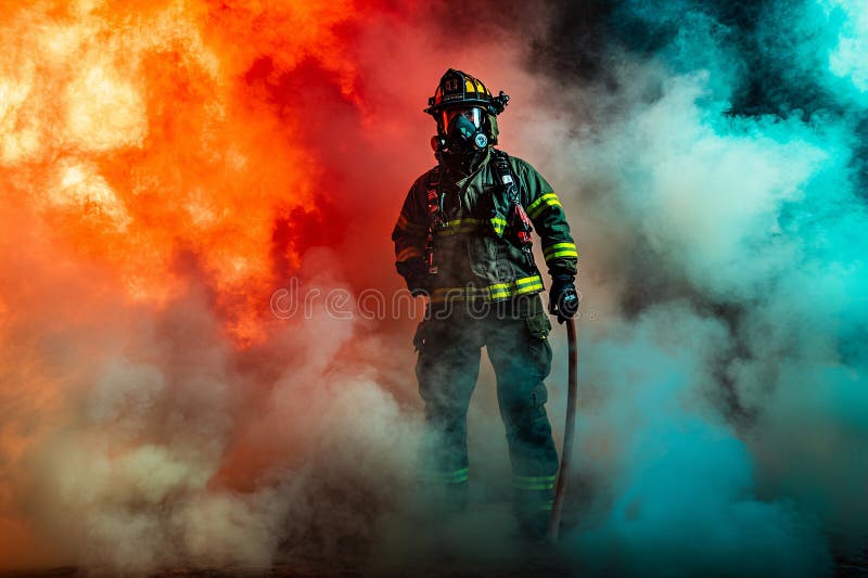 Firefighter in Full Gear Facing Hazardous Smoke and Fire Scene AI ...