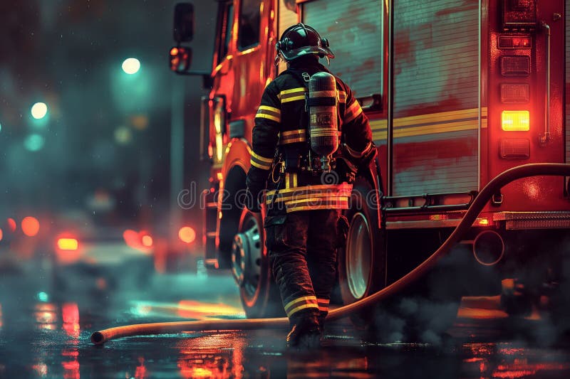 Courageous Firefighter at Work during Nighttime Emergency Stock Photo ...