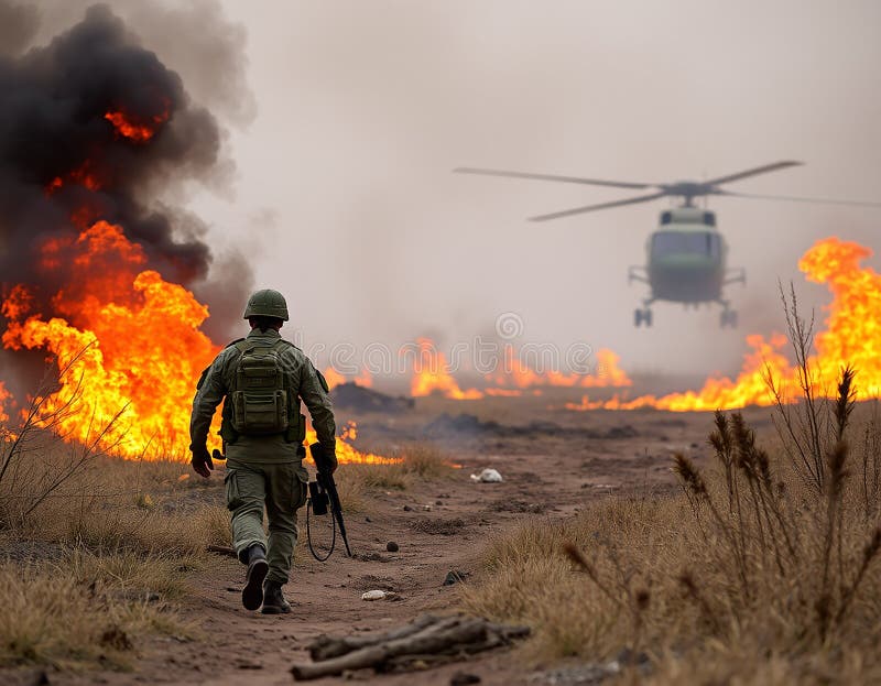 Soldier Approaching Burning Fire with Helicopter in Background a Scene ...