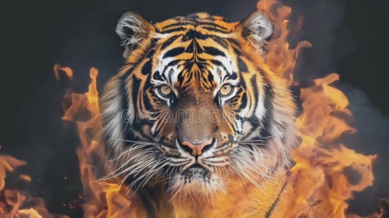 A Courageous Tiger Framed by Flames on a Black Background. Stock Photo ...