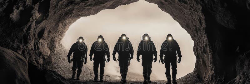 Courageous Workers Entering Dark Underground Mine, Teamwork and ...