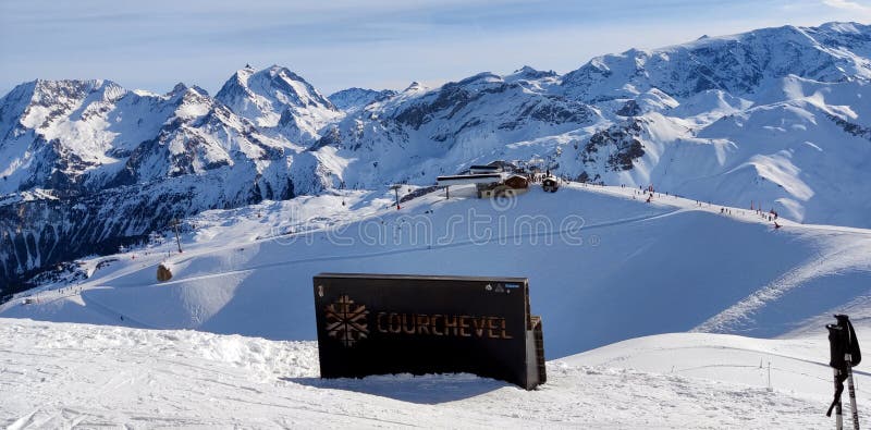 Courchevel Sign in Front of a Mountain Range Stock Photo - Image of ...