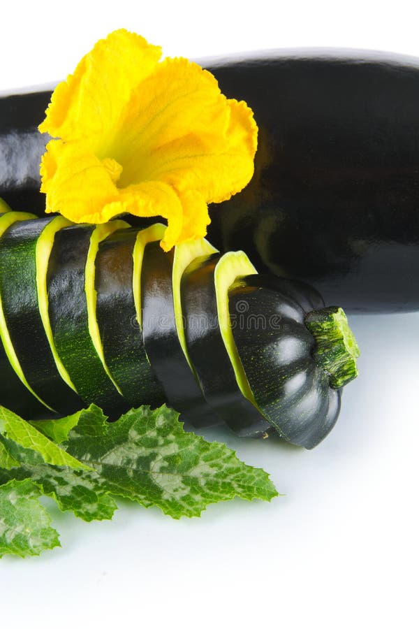 Courgette Cut into Slices and Leaves on White Stock Image - Image of ...