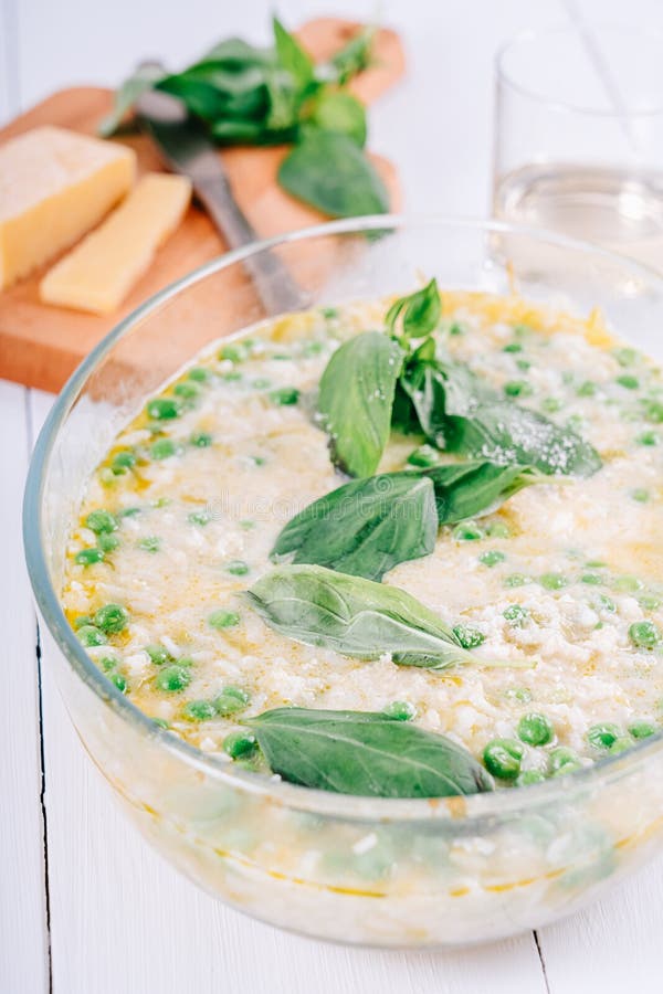 Courgette and Pea Risotto with Parmesan, Mascarpone, Basil Stock Photo ...