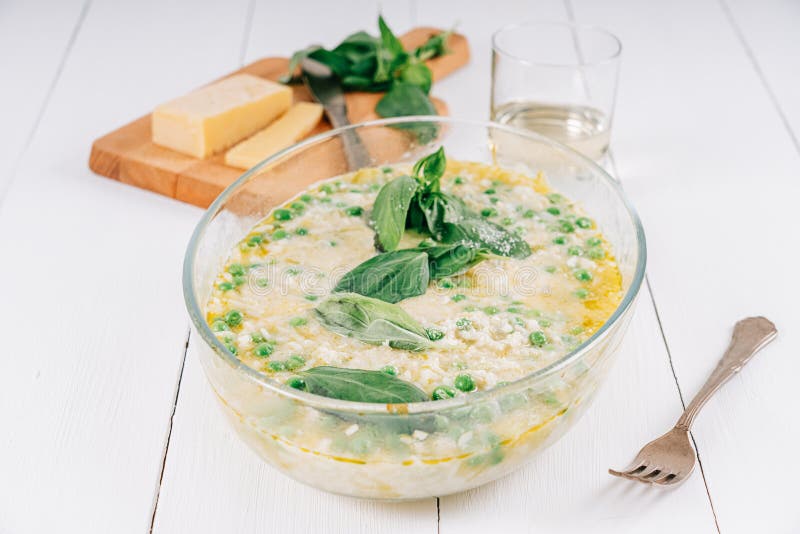 Courgette and Pea Risotto with Parmesan, Mascarpone, Basil Stock Photo ...