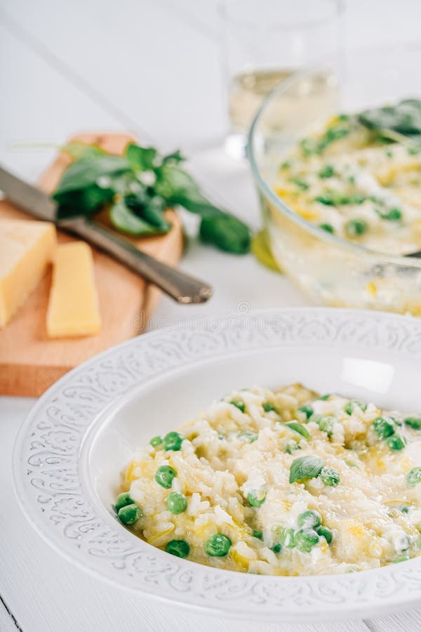 Courgette and Pea Risotto with Parmesan, Mascarpone, Basil Stock Photo ...