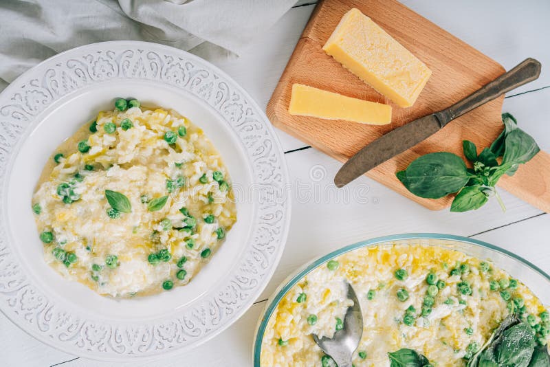 Courgette and Pea Risotto with Parmesan, Mascarpone, Basil Stock Photo ...