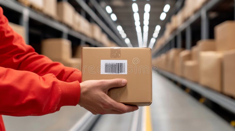 Courier with Barcode-labeled Cardboard Box in Warehouse, Representing ...