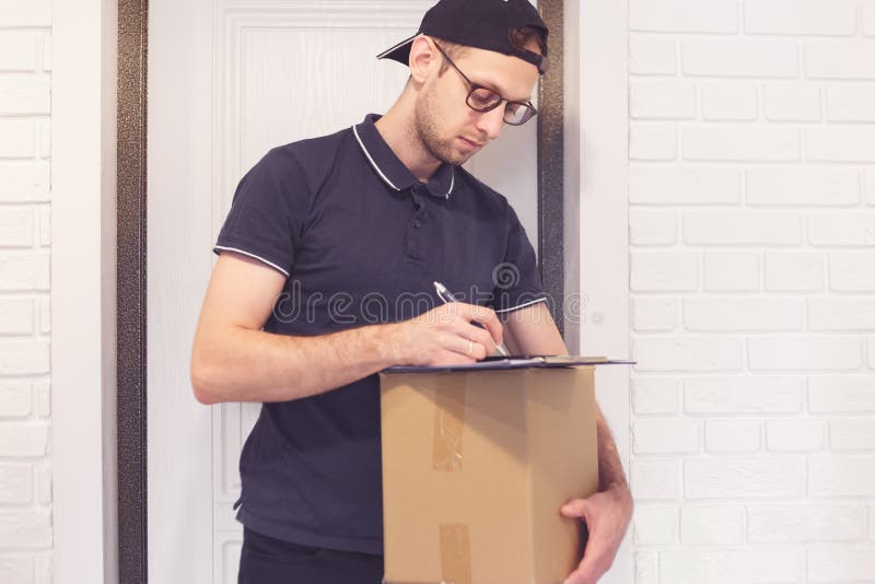 Courier with Box Signs Documents Stock Photo - Image of eyeglasses ...