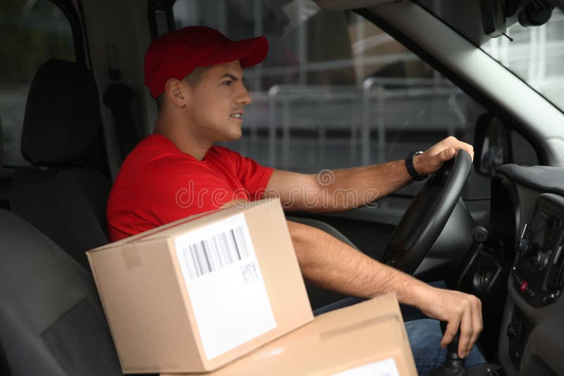 Courier in Car with Packages. Delivery Service Stock Photo - Image of ...