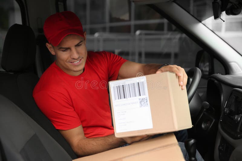 Courier in Car with Packages. Delivery Service Stock Image - Image of ...