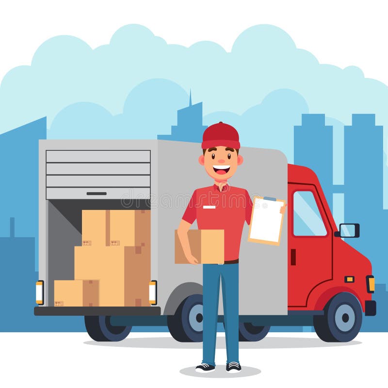 Courier with cargo truck stock vector. Illustration of cartoon - 186909540
