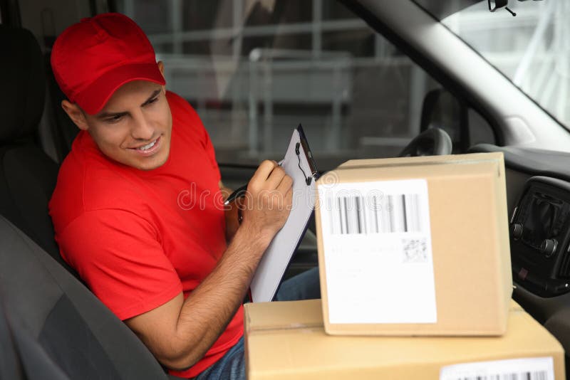 Checking Packages in Car. Auto Delivery with Courier To Home Stock ...